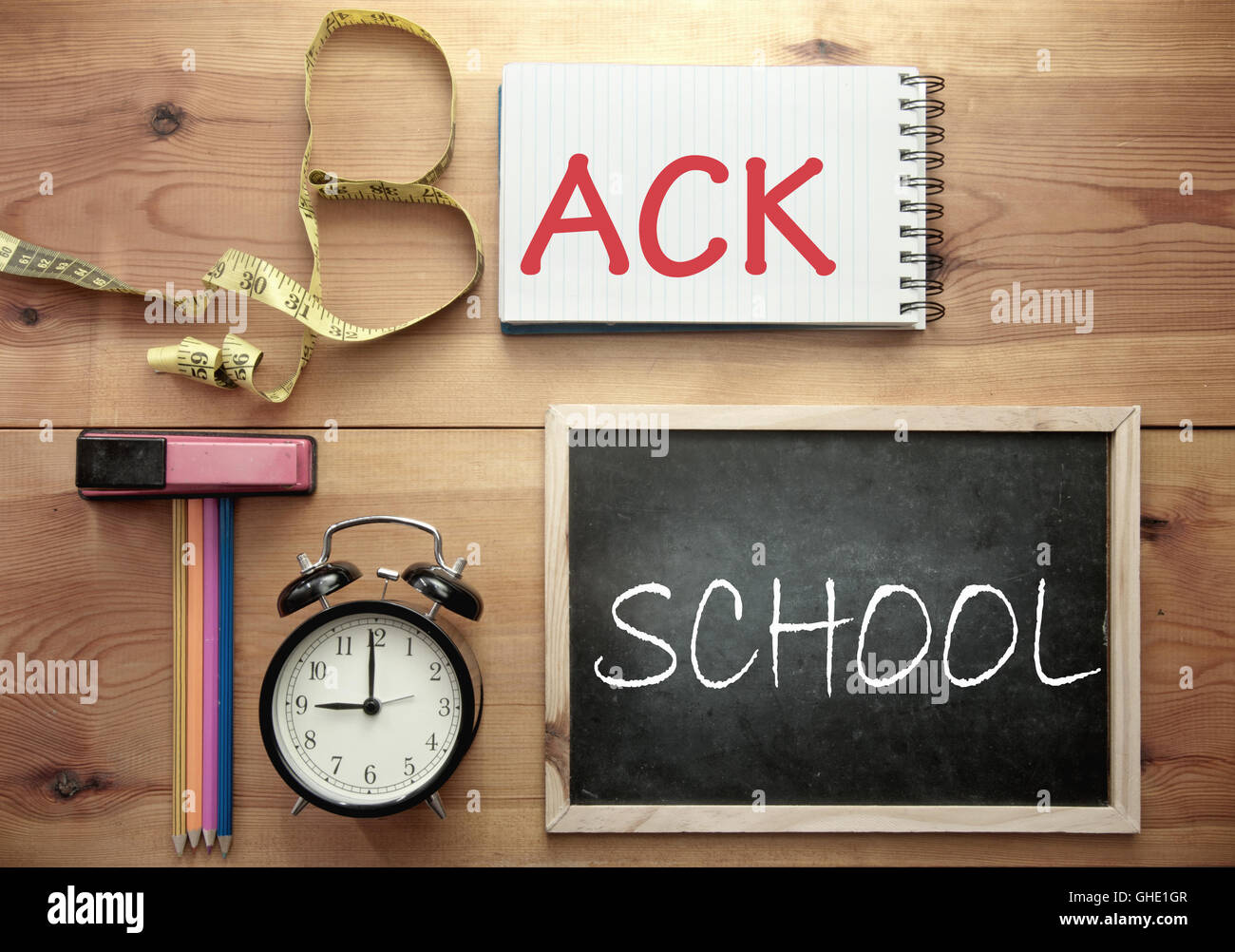 Back to school education background spelt using stationery objects ...