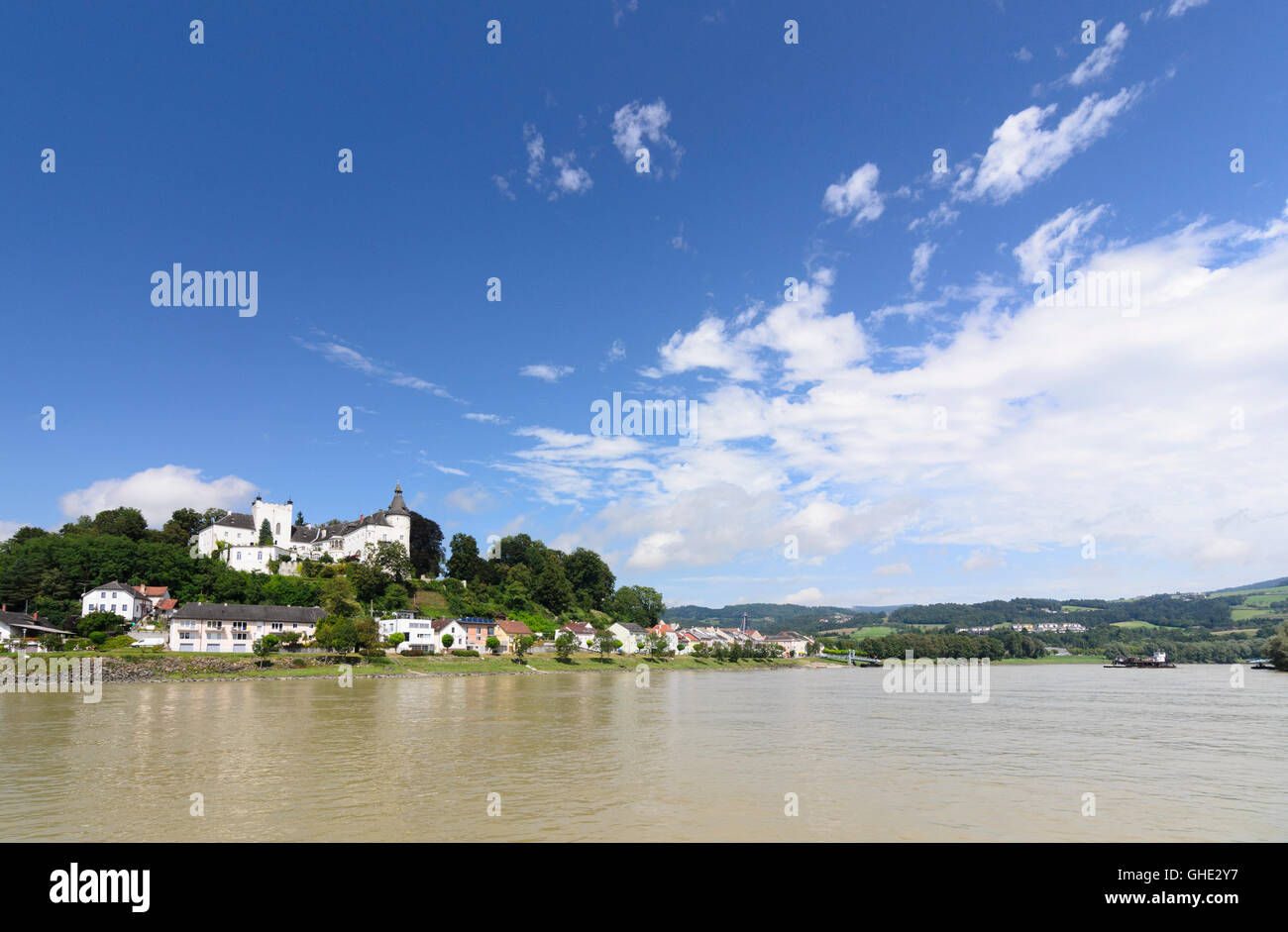 Ottensheim: Cable ferry across the Danube , city and castle Ottensheim ...