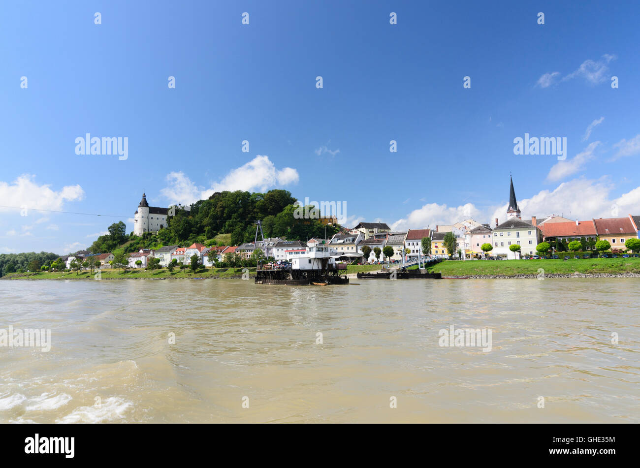 Ottensheim: Cable ferry across the Danube , city and castle Ottensheim ...