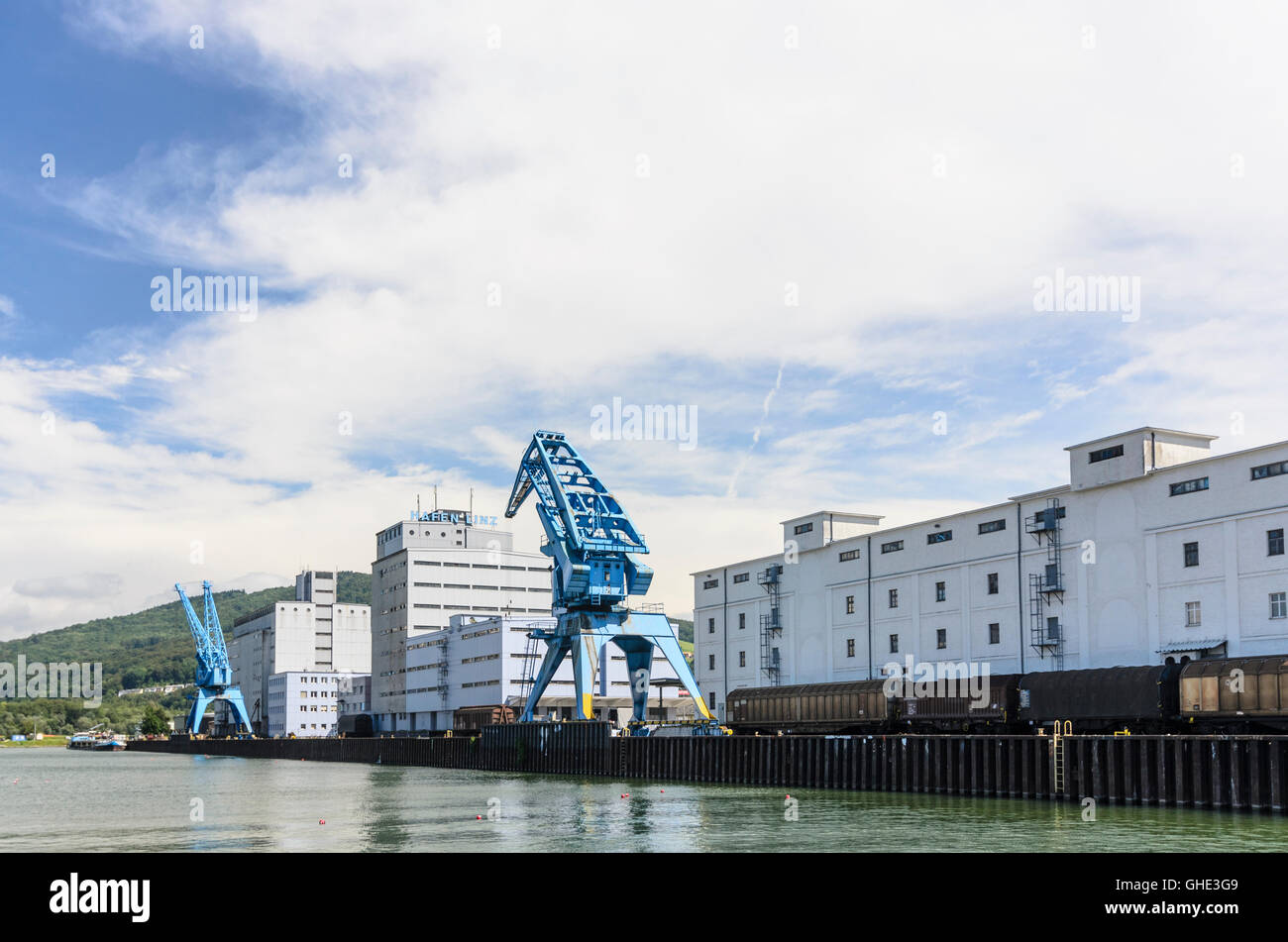 Linz: port at Danube of Linz AG, Austria, Oberösterreich, Upper Austria ...