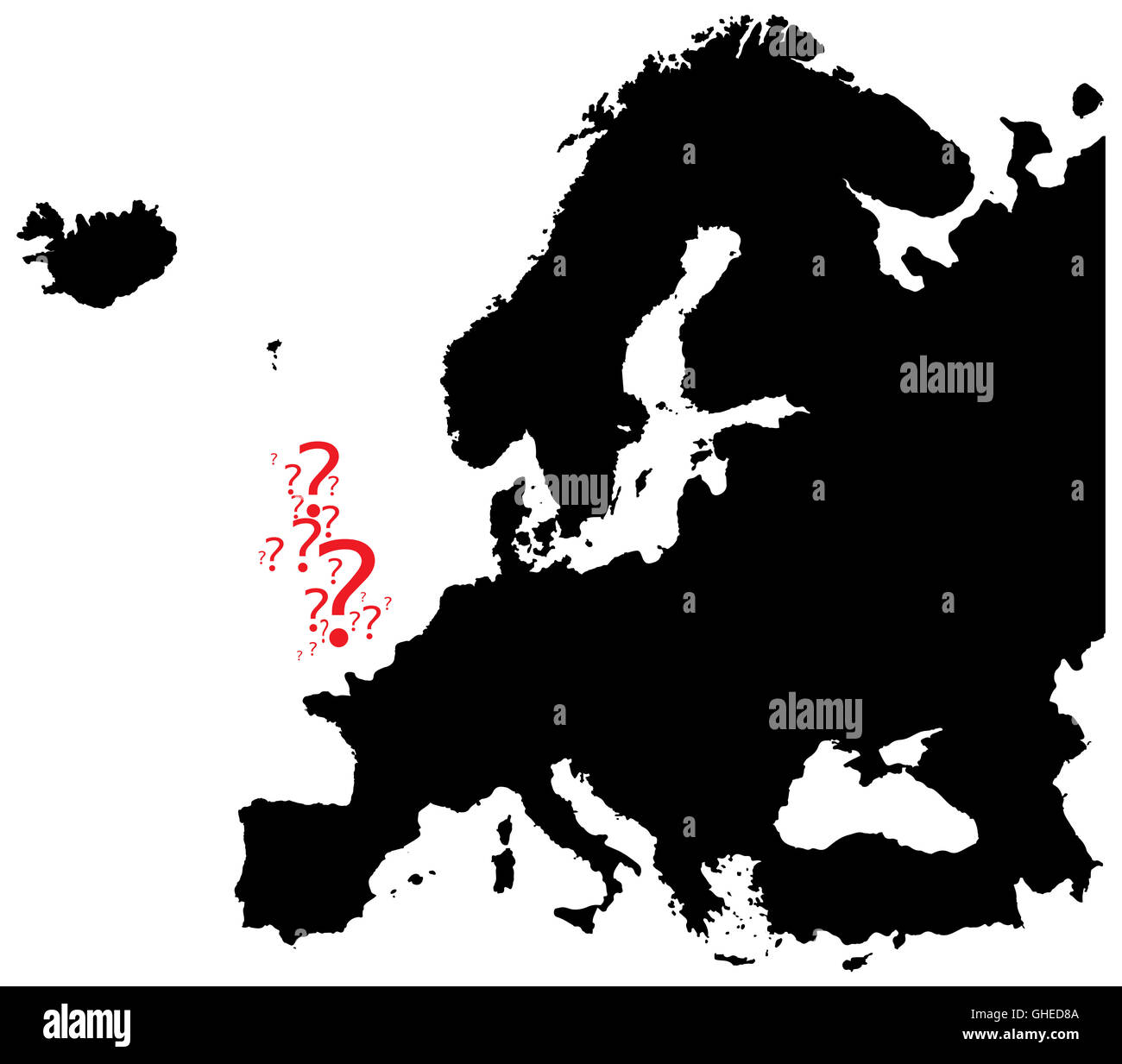 A map of Europe in with Britain in question marks isolated on a white ...