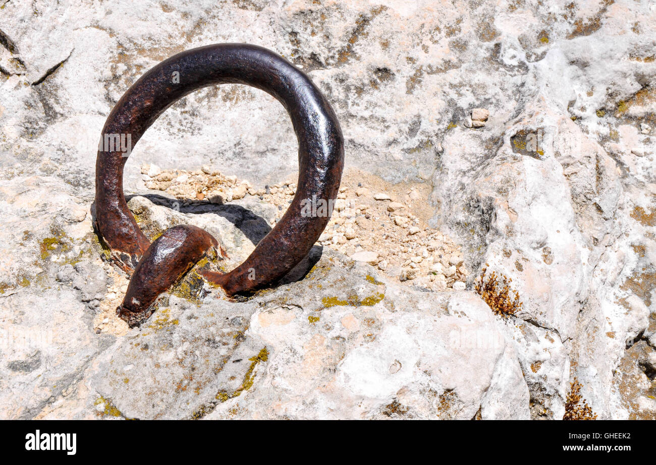 Rusty heavy duty eye bolt and ring made of forged steel embedded in ...