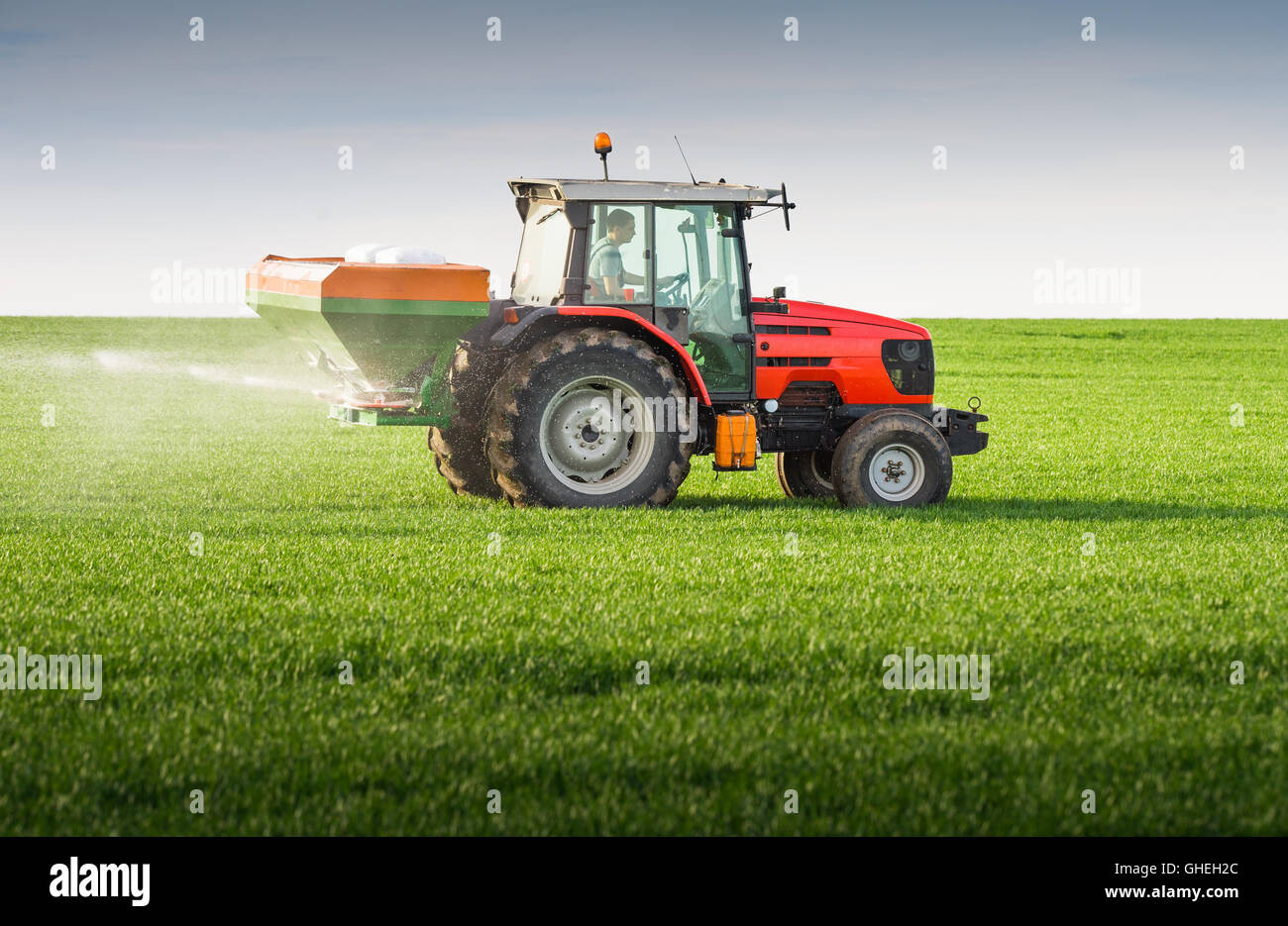 tractor fertilizing in wheat field Stock Photo - Alamy