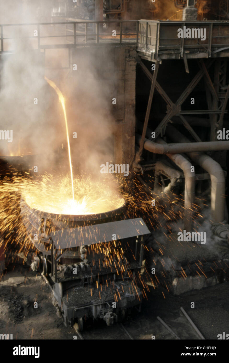 Filling a ladle wagon with slag at Anshan Iron and Steel Works in China ...