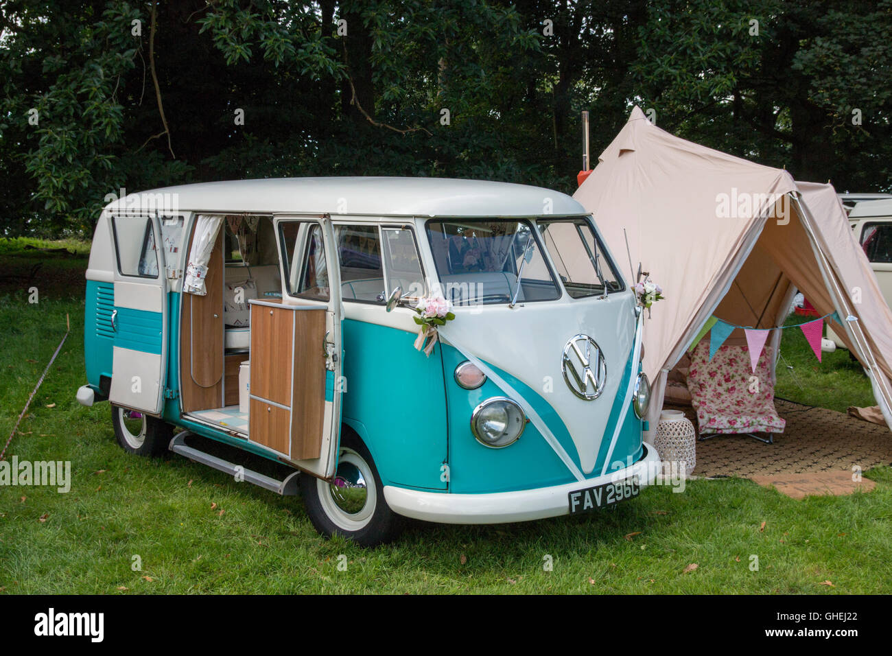 Restored Volkswagen camper van with doors open Stock Photo - Alamy