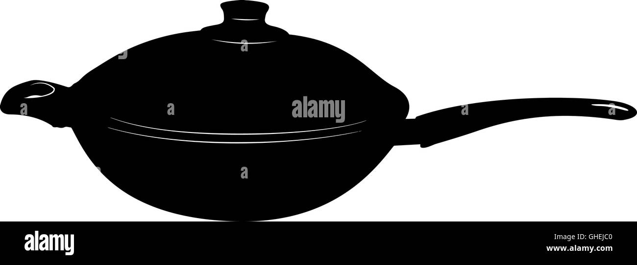 Frying pan with glass lid stylized vector illustration in black and ...