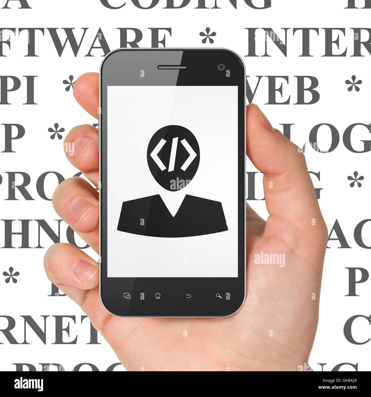Programming concept: Hand Holding Smartphone with Programmer on display ...