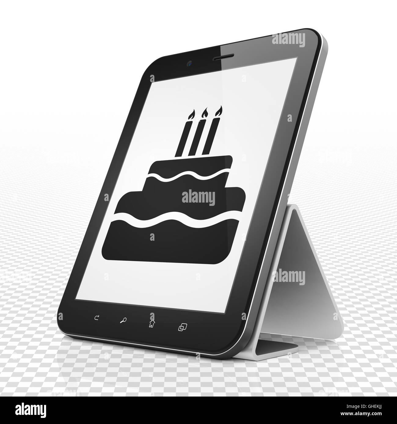 Entertainment, concept: Tablet Computer with Cake on display Stock ...