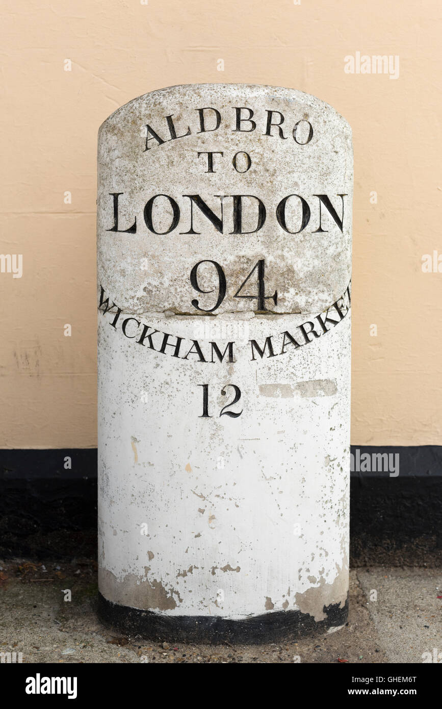 An old milestone or signpost showing the distance from Aldeburgh to ...