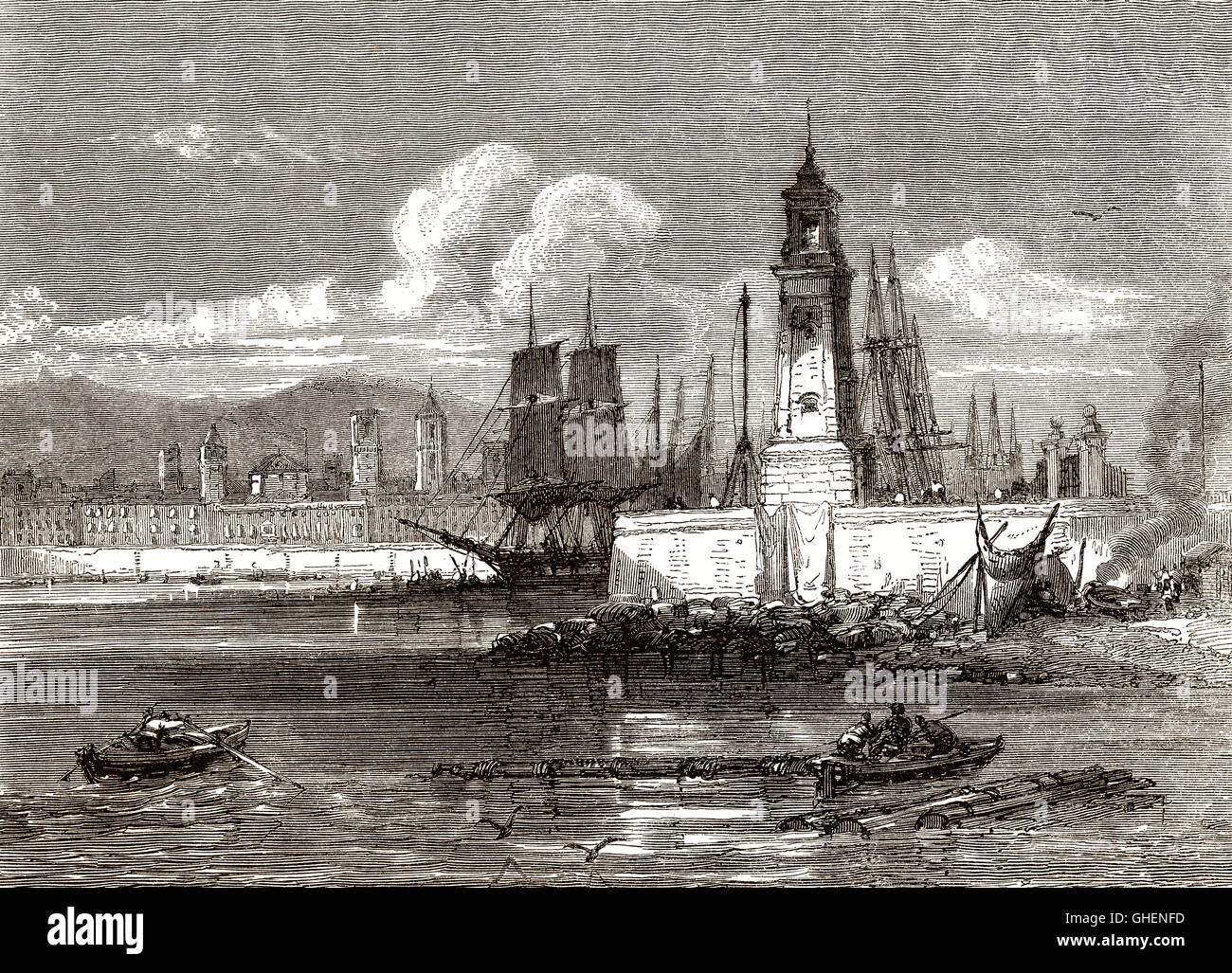 The old lighthouse, port of Barcelona, Spain, 18th century Stock Photo ...