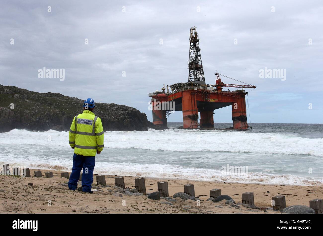 The Transocean Winner drilling rig after it ran aground onthe beach of ...