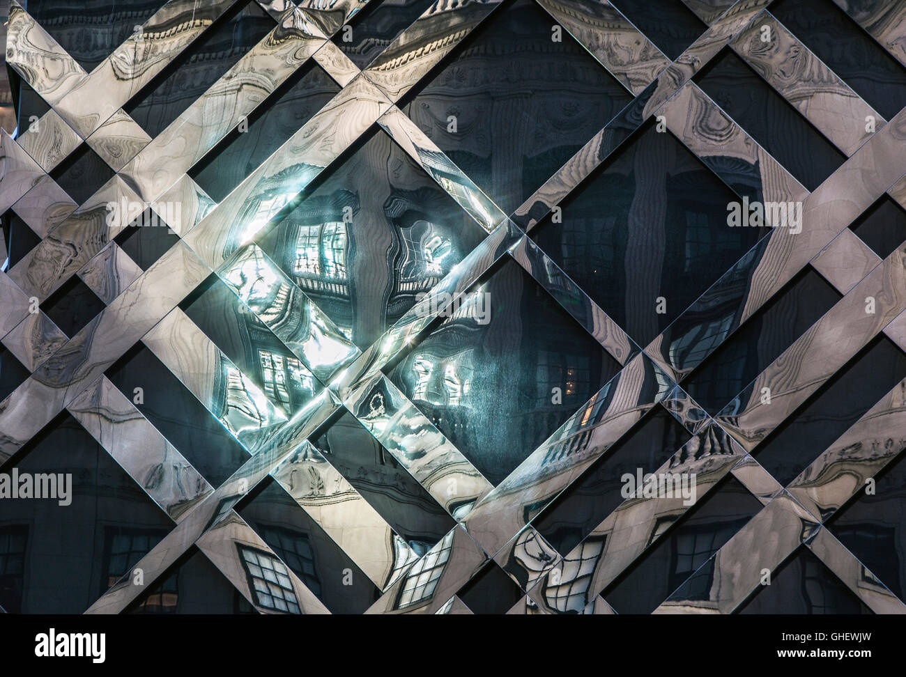 Reflection on the metallic lattice of the Burberry building in Chicago ...