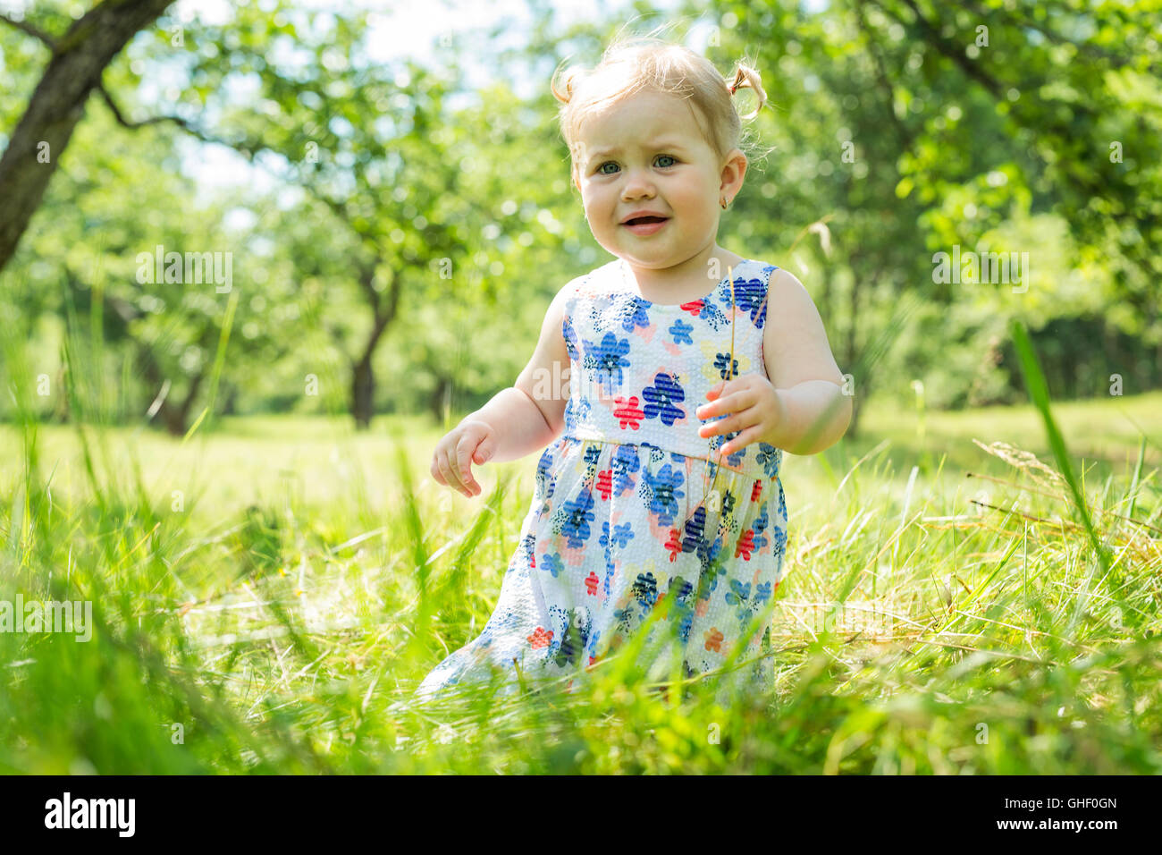 Little girl in the forest park Stock Photo - Alamy