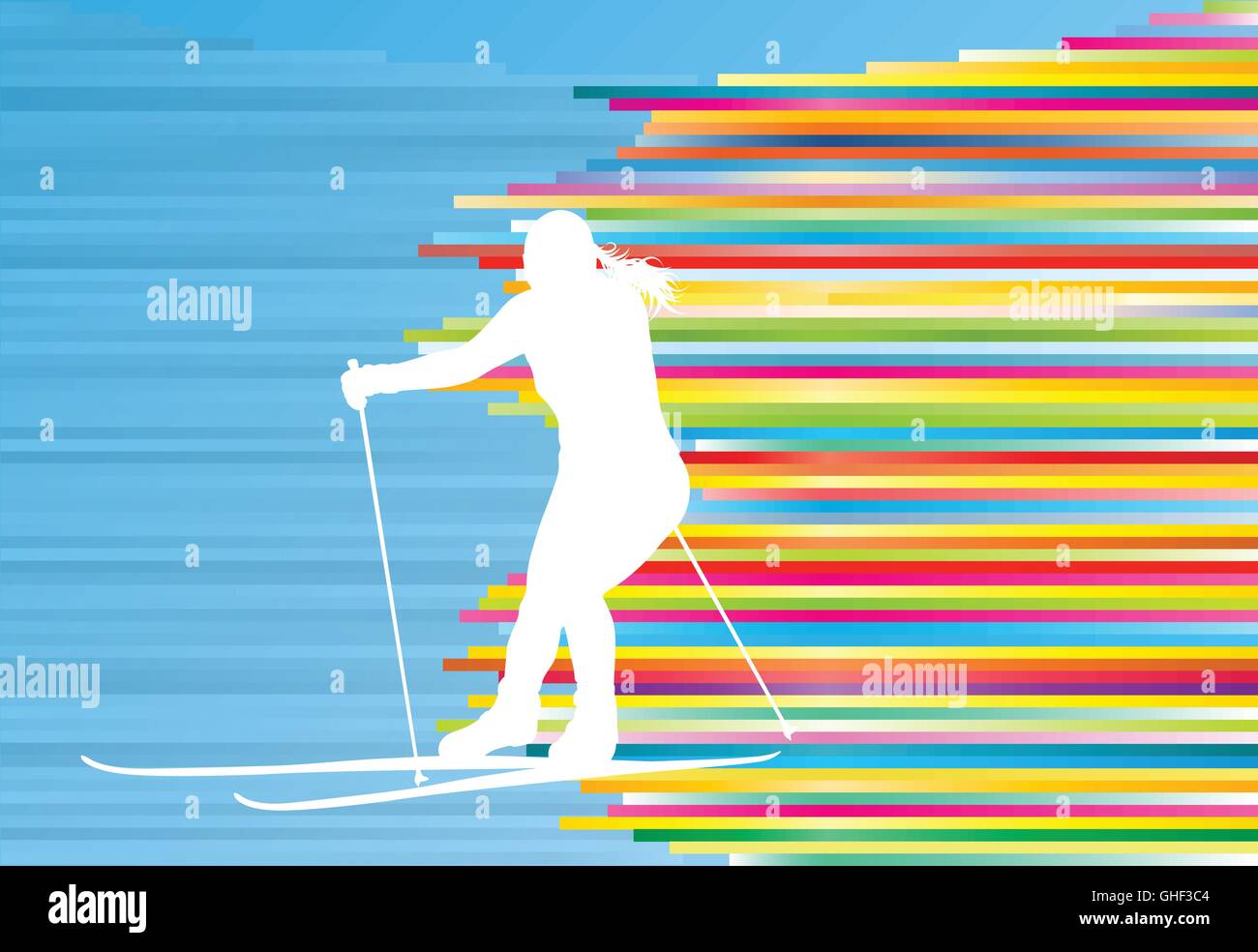 Skiing woman abstract vector illustration with colorful stripes on blue ...