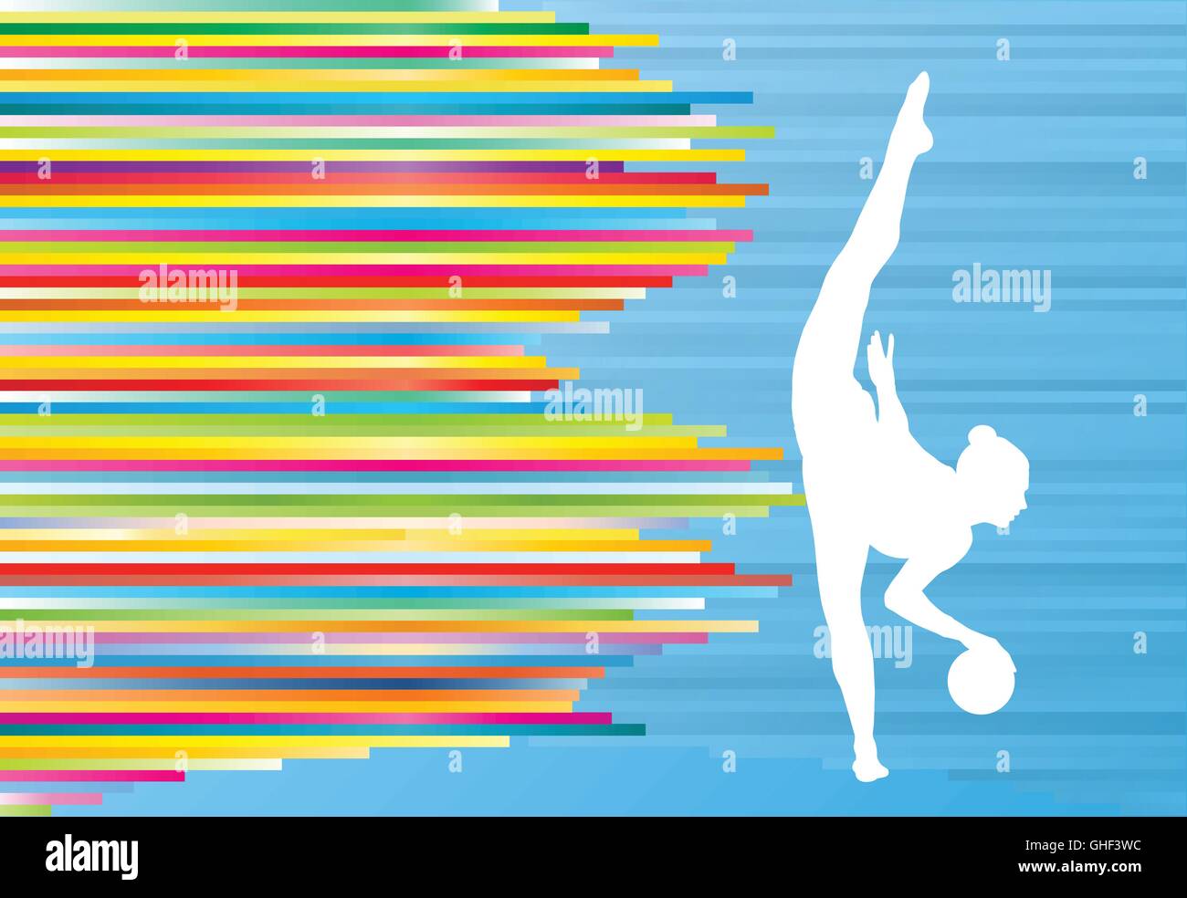 Gymnastic girl with ball abstract vector background colorful stripes ...