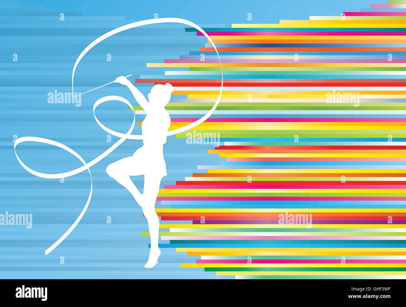 Gymnastic girl with ribbon abstract vector background colorful stripes ...