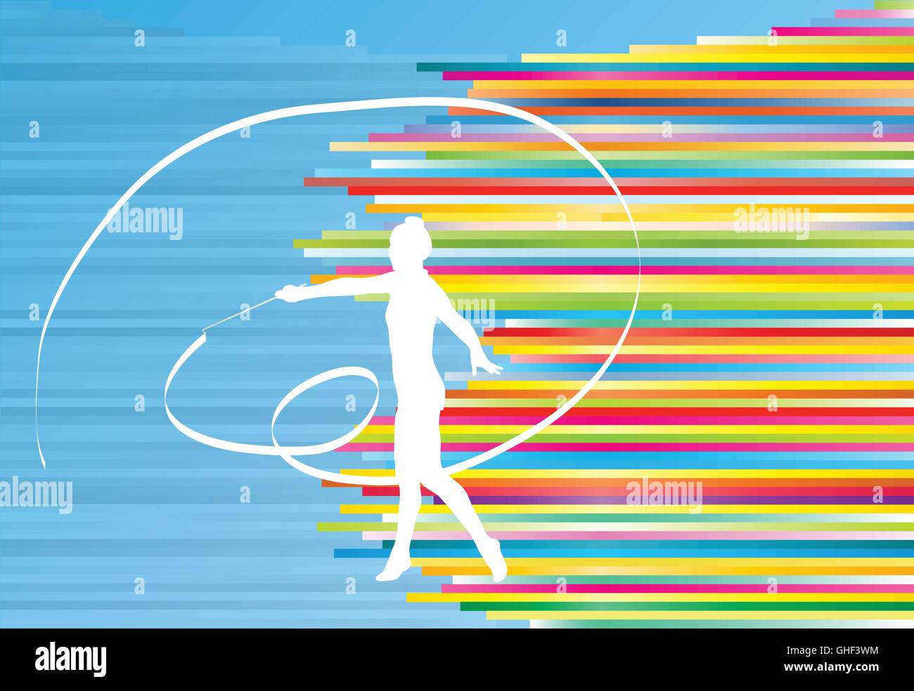 Gymnastic girl with ribbon abstract vector background colorful stripes ...