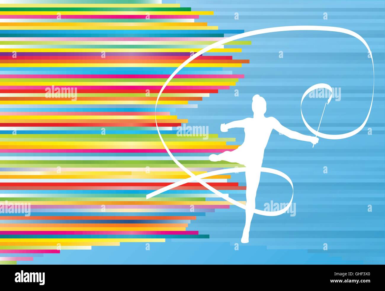 Gymnastic girl with ribbon abstract vector background colorful stripes ...