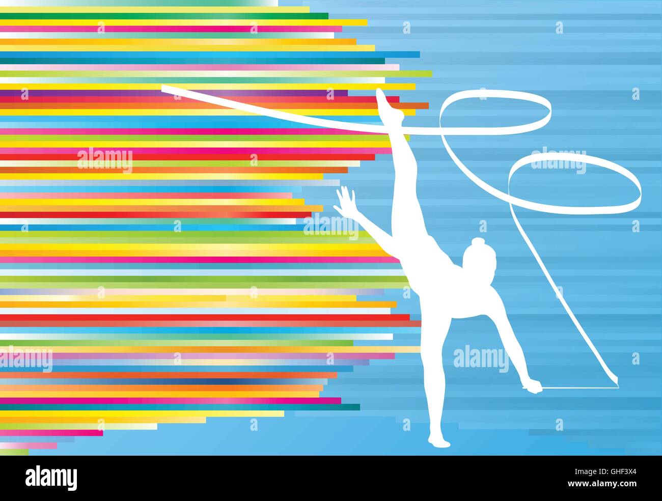 Gymnastic girl with ribbon abstract vector background colorful stripes ...