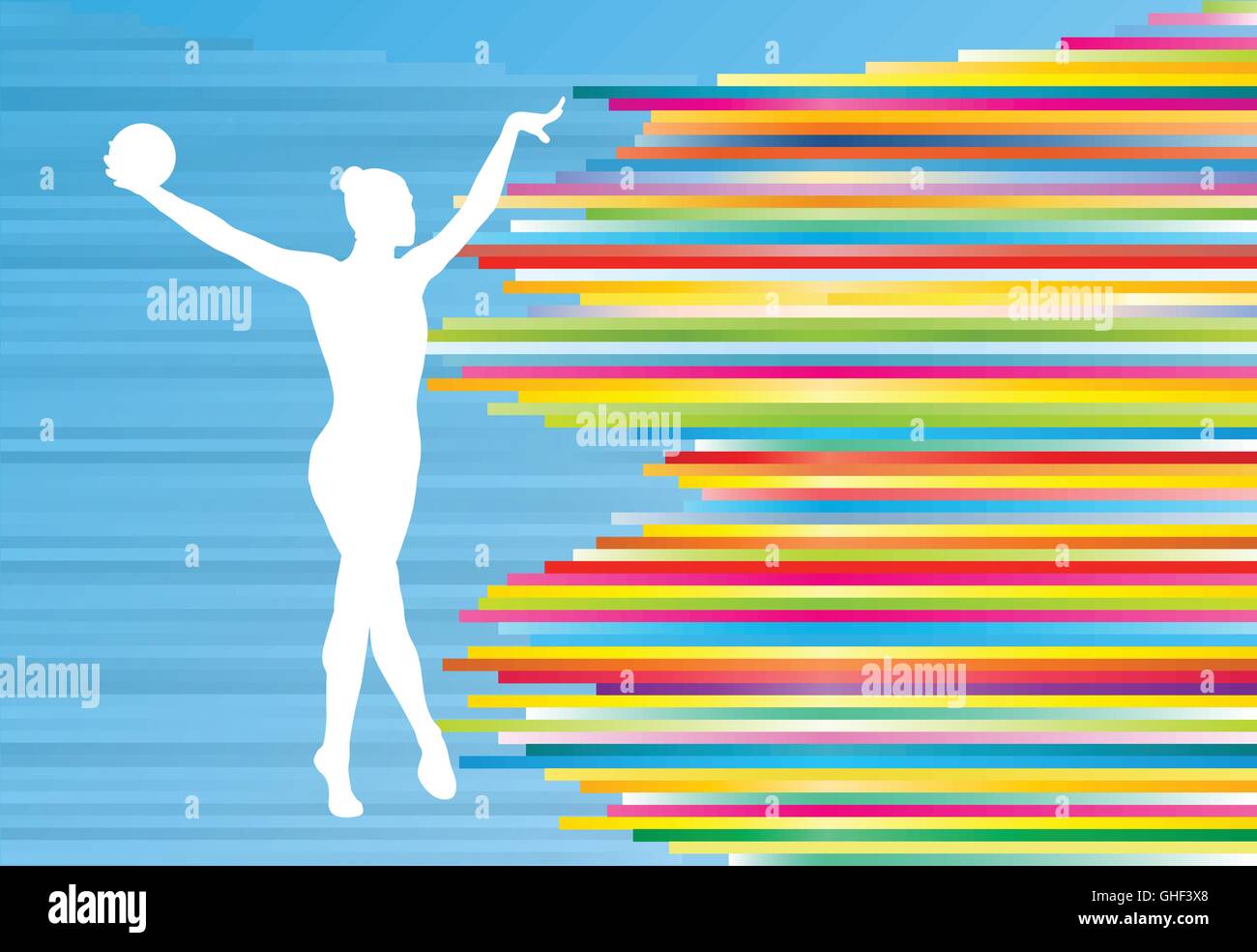 Gymnastic girl with ball abstract vector background colorful stripes ...