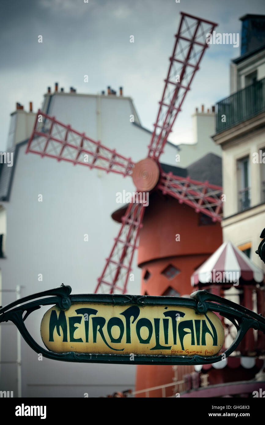 PARIS, FRANCE - MAY 13: Metro station and Moulin Rouge street view on ...