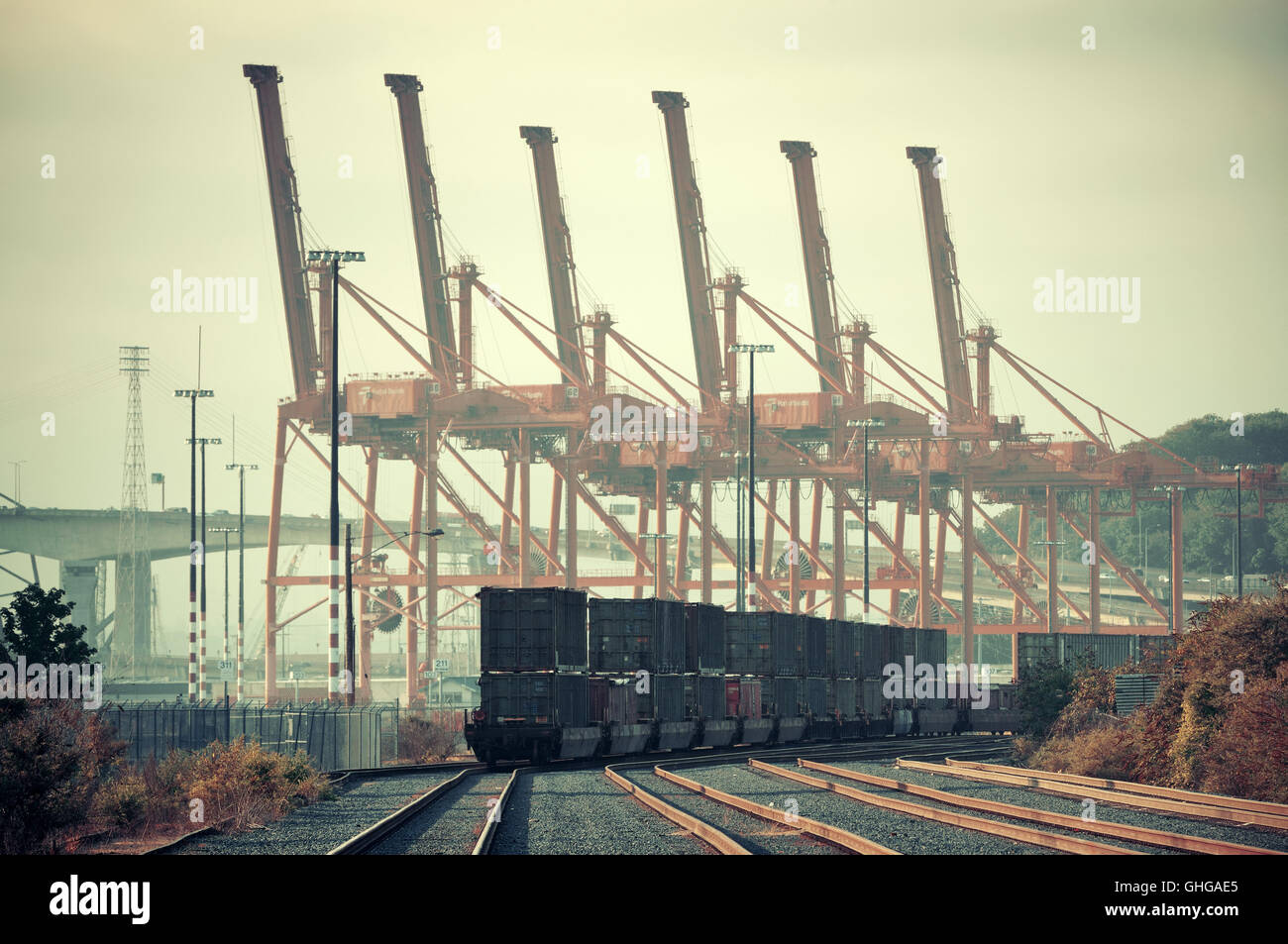 SEATTLE, WA - AUG 14: Crane Tower and cargo train at sea port on August ...