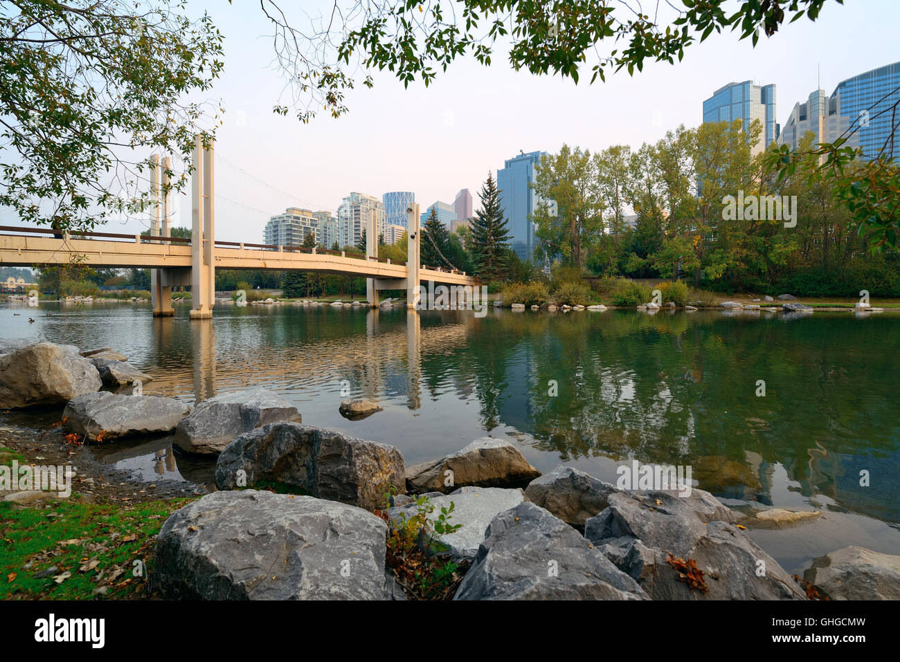 Calgary cityscape from Prince's Island in Alberta, Canada Stock Photo ...