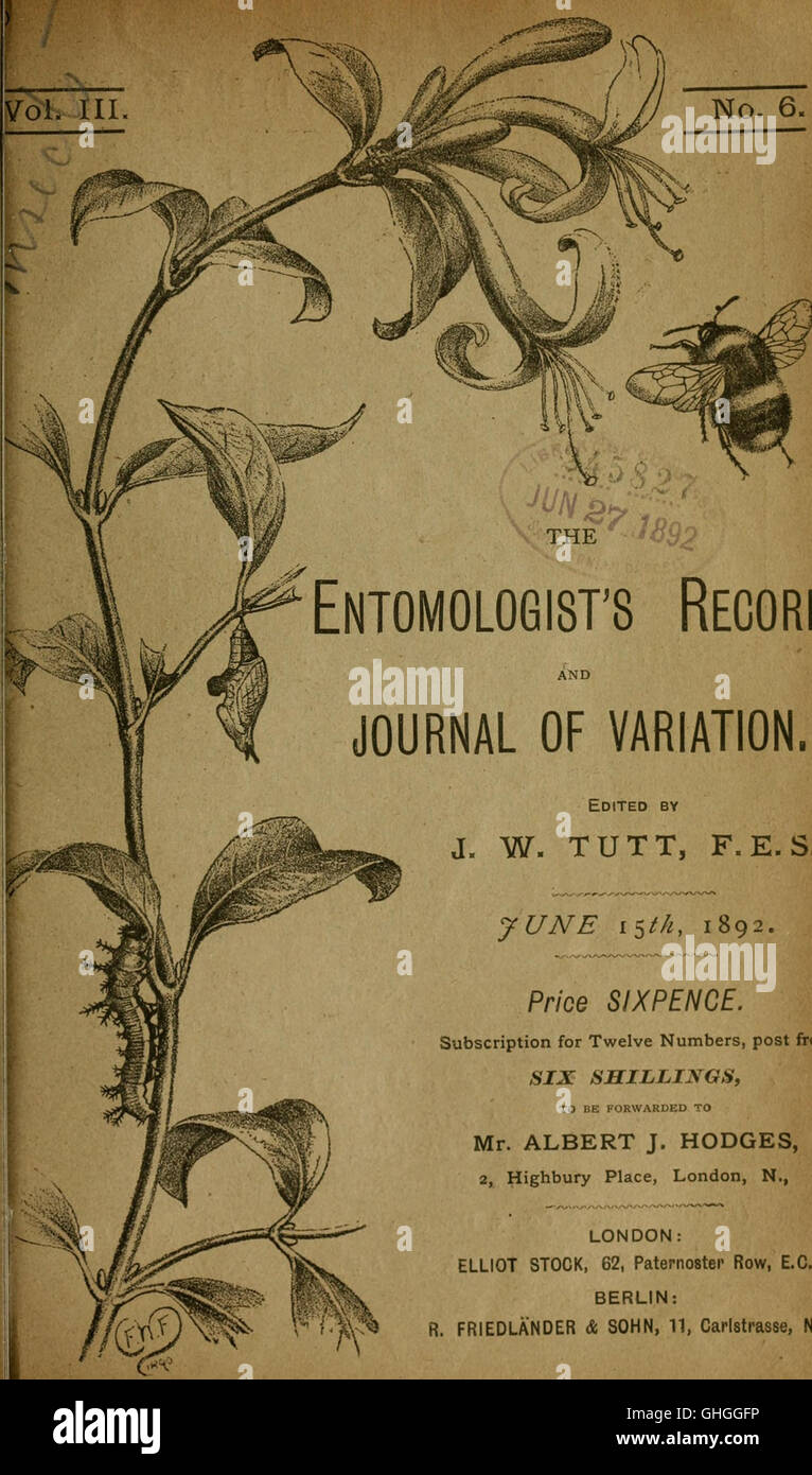 This 1892 journal records studies and findings on entomology, focusing ...