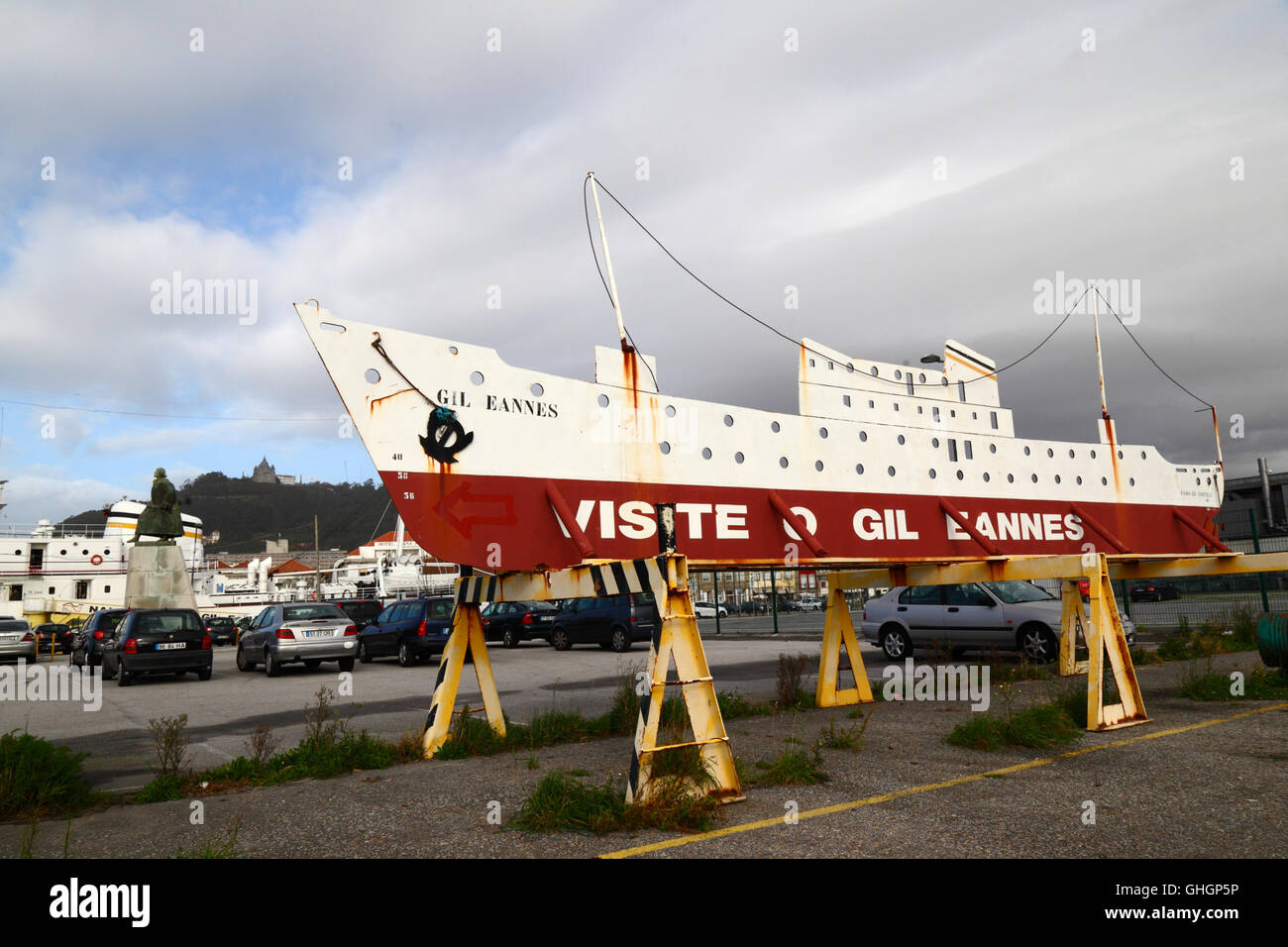 Sign in car park encouraging visits to the Gil Eannes, a former ...