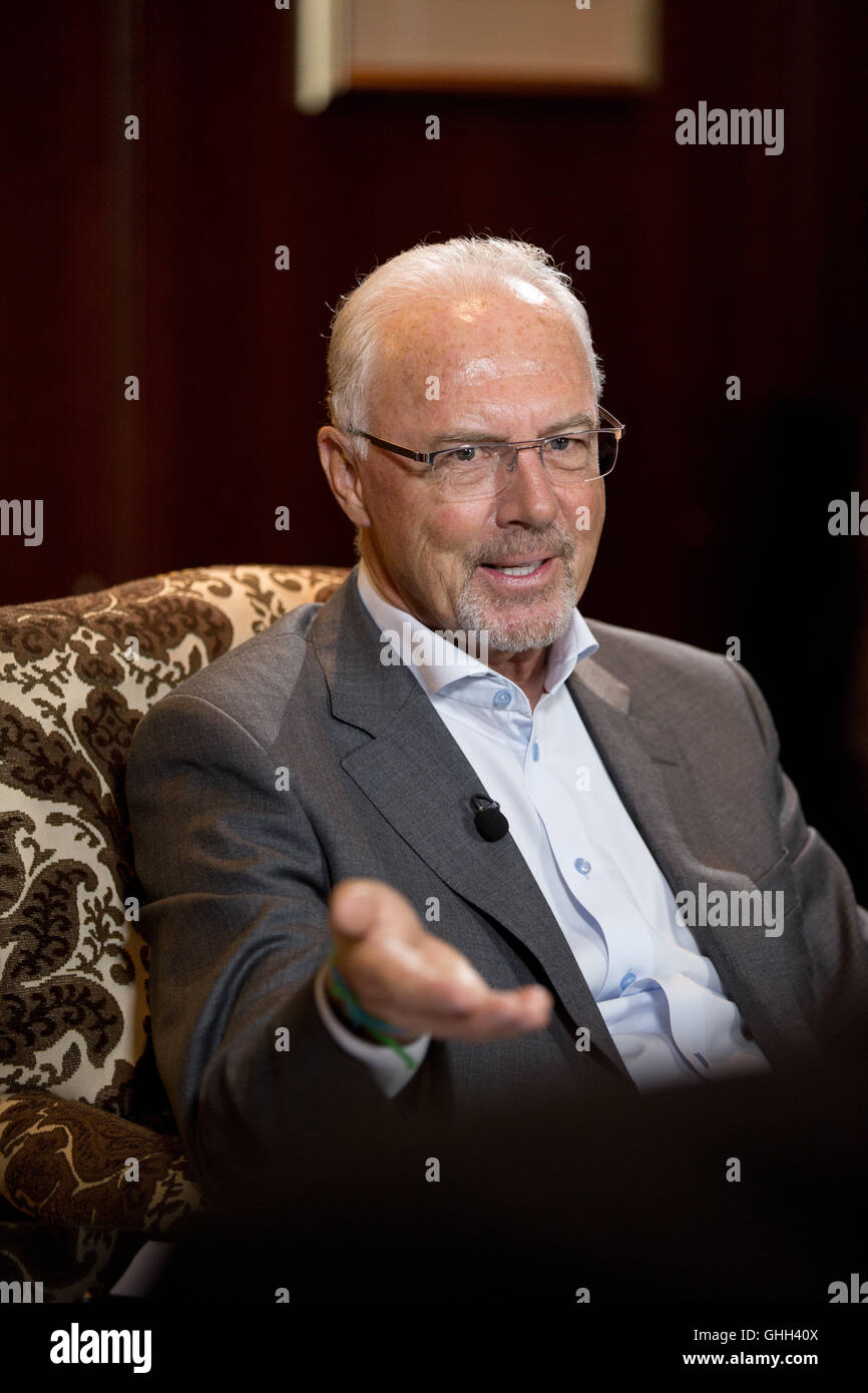 Franz Beckenbauer speaks during an interview at Hotel Adlon in Berlin ...
