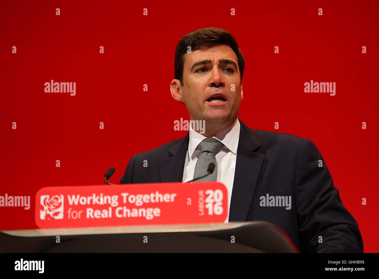 Andy Burnham gives a speech at the Labour Party Conference in Liverpool ...