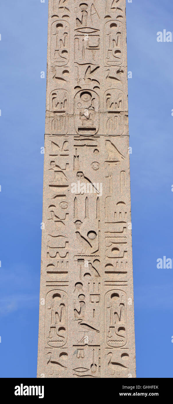Hieroglyph script on ancient egyptian obelisk in the center of Piazza ...