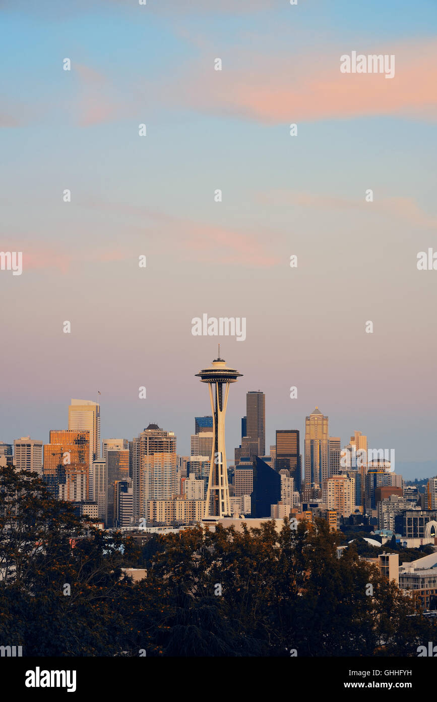 Seattle city skyline at sunset with urban office buildings viewed from ...