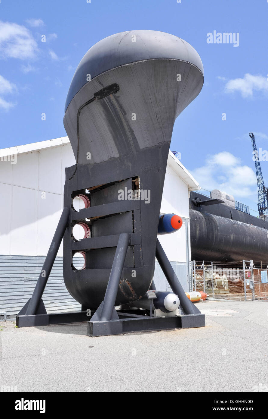 Submarine bow with torpedo tubes on display outside the Western ...