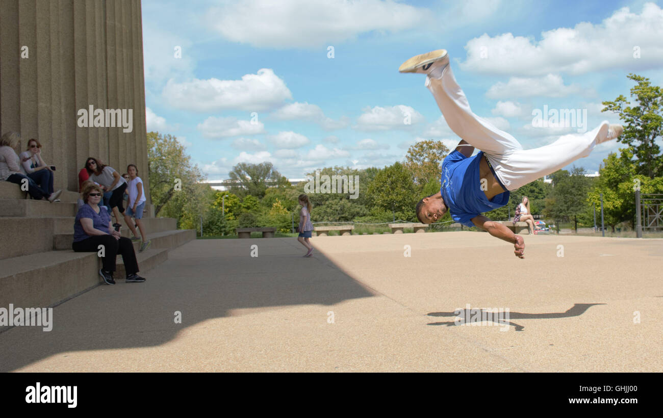 Capoeira Professor practicing flips at Parthenon in Nashville, TN Stock ...
