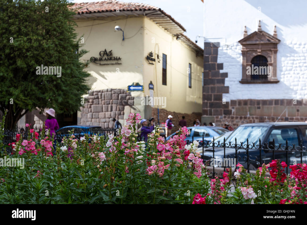 Cusco, Peru - May 14 : Beautiful flowers in a small outdoor garden ...
