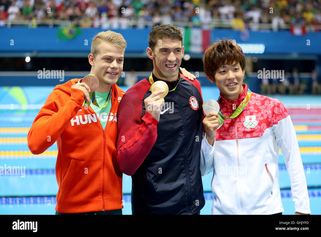 Gold medalist USA's Michael Phelps (centre) silver medalist Japan's ...