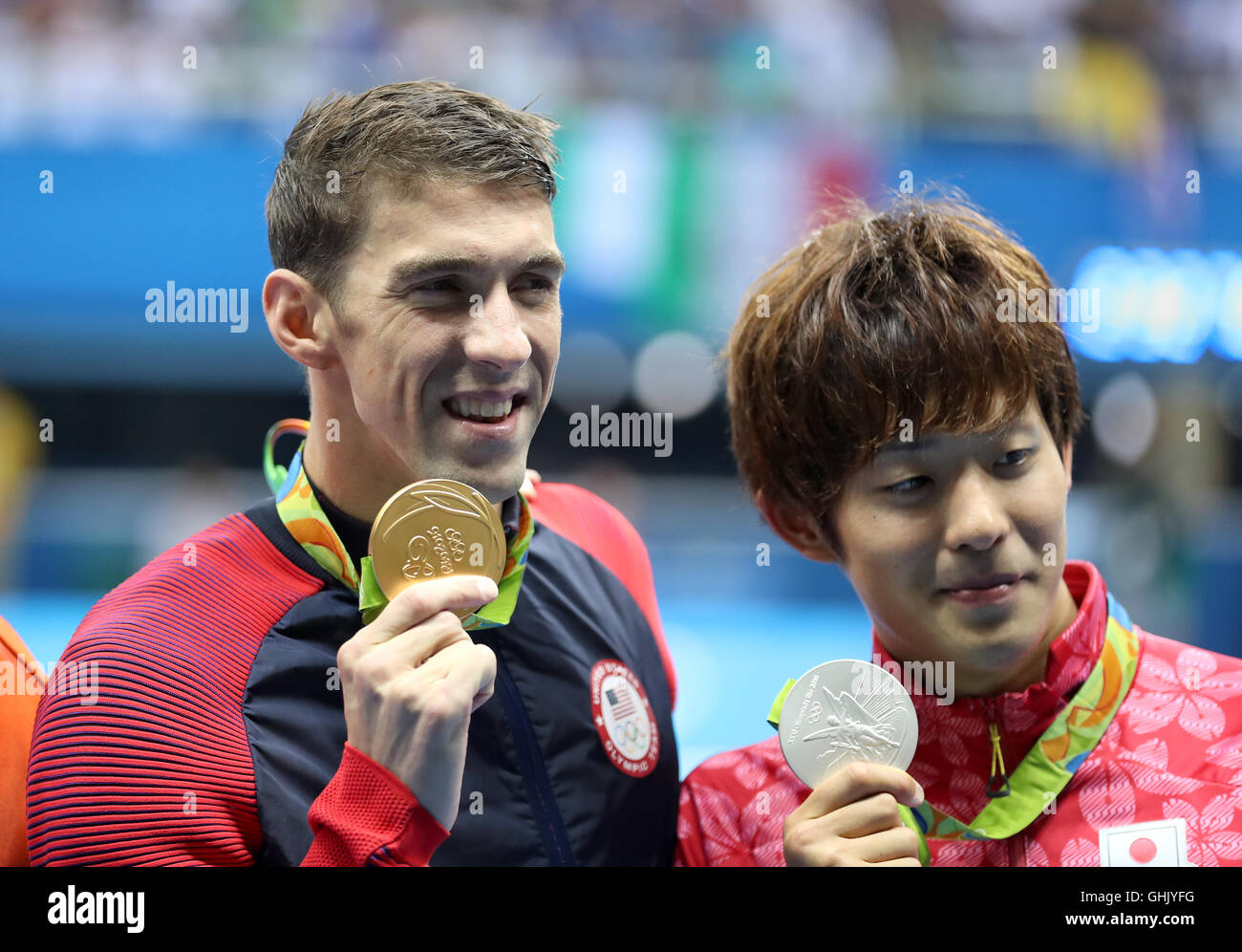 Gold medalist USA's Michael Phelps (left) and silver medalist Japan's ...