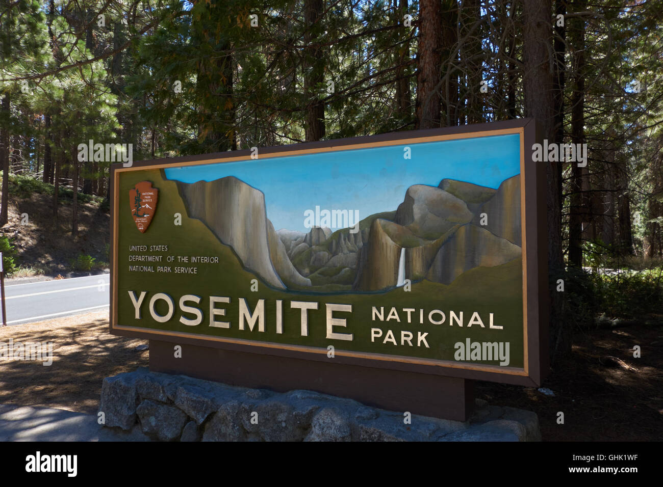 Yosemite National Park sign post at entrance to the park. California ...