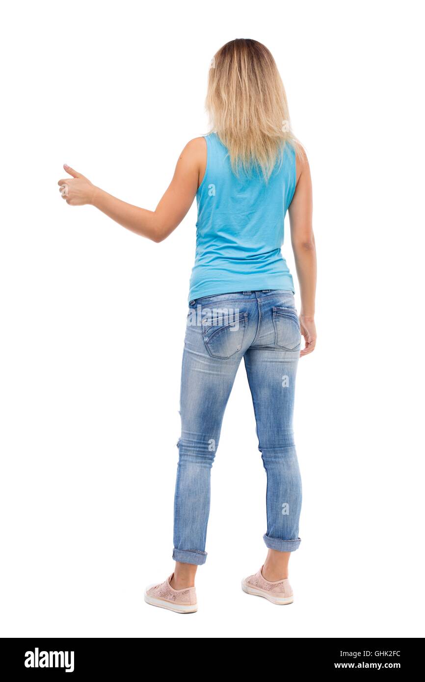 Back view of woman thumbs up Stock Photo - Alamy