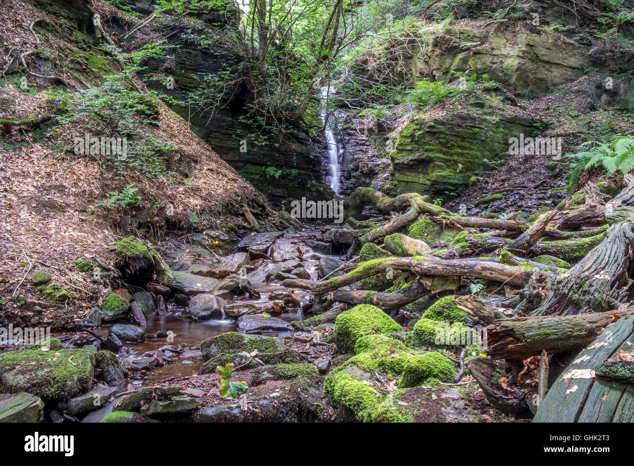 A small waterfall running down a small rock face into a small river ...