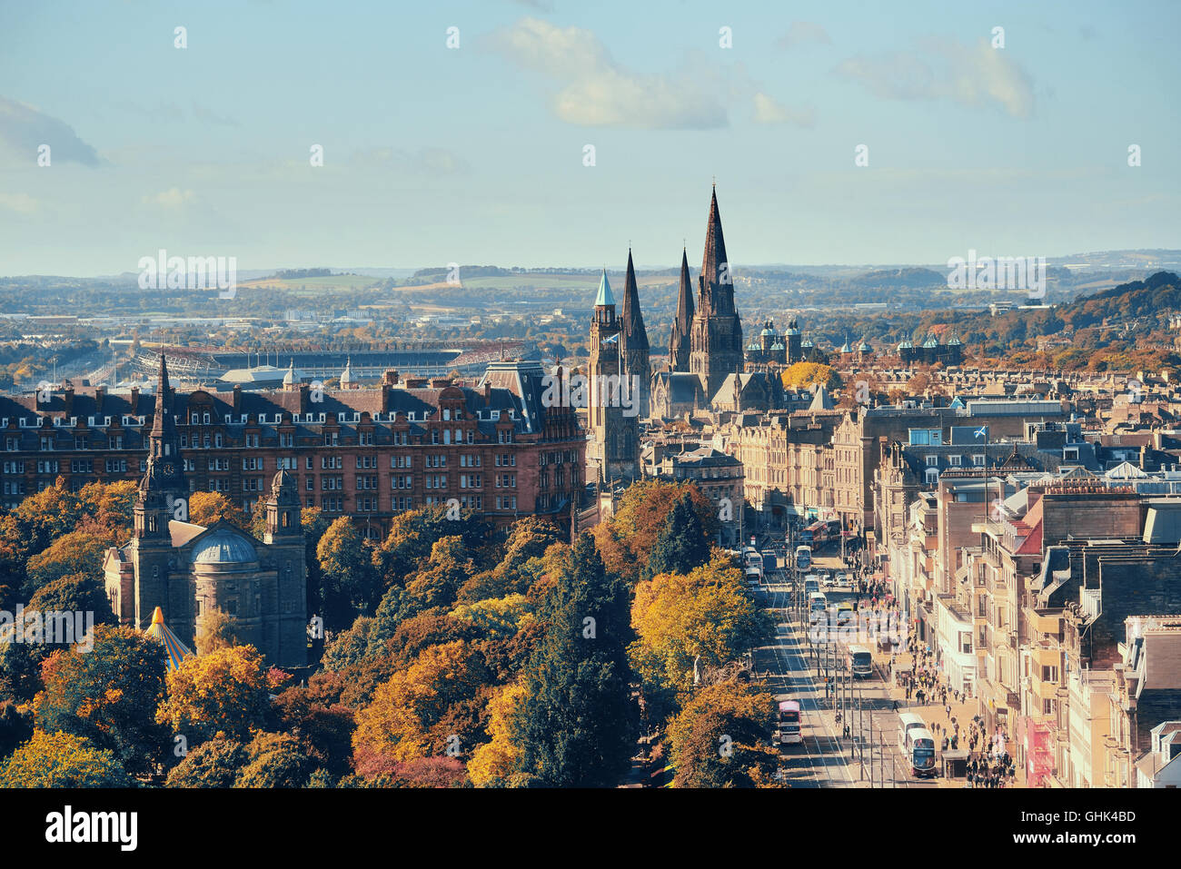Edinburgh city rooftop view with historical architectures. United ...