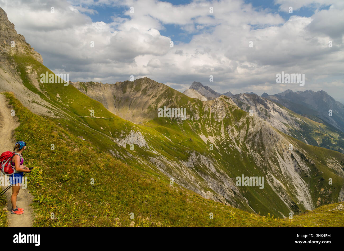 Female hiking in the beautiful mountains of Lechtal Alps, Austria Stock ...
