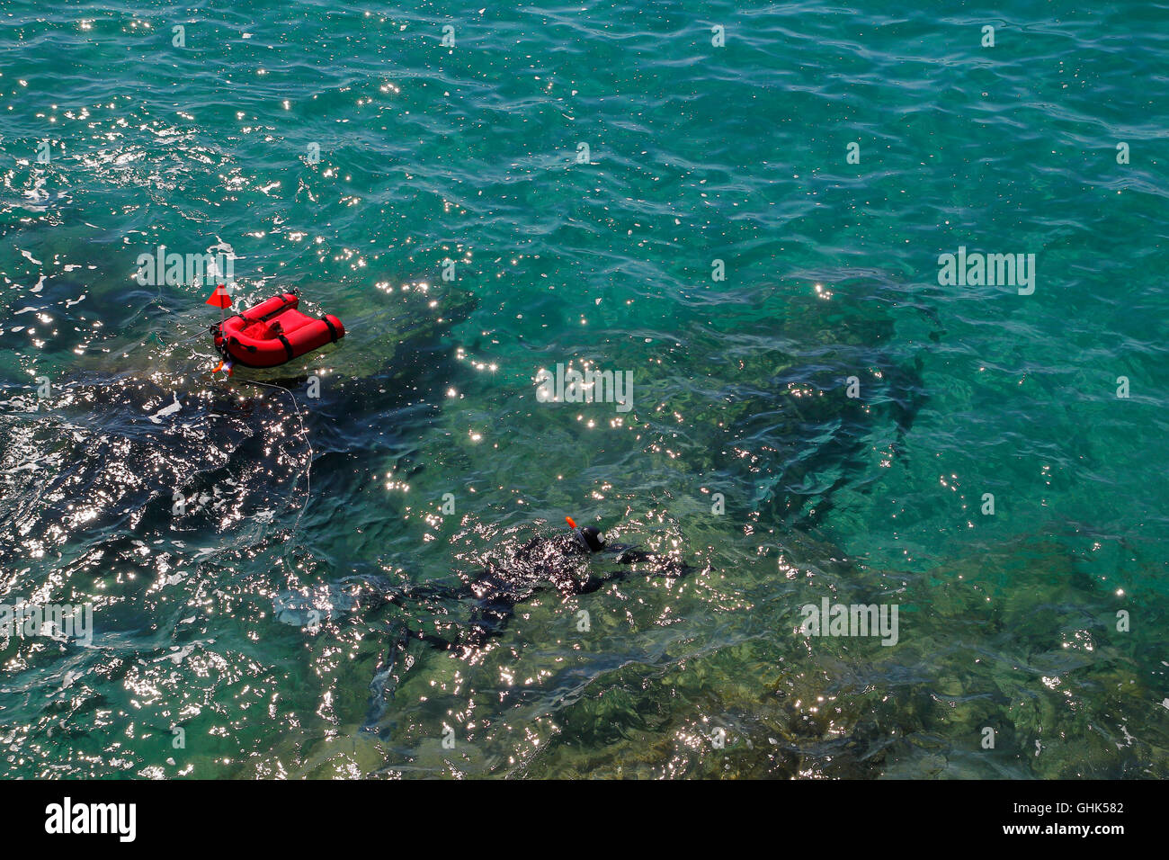 Diver in the sea, with red float Stock Photo - Alamy