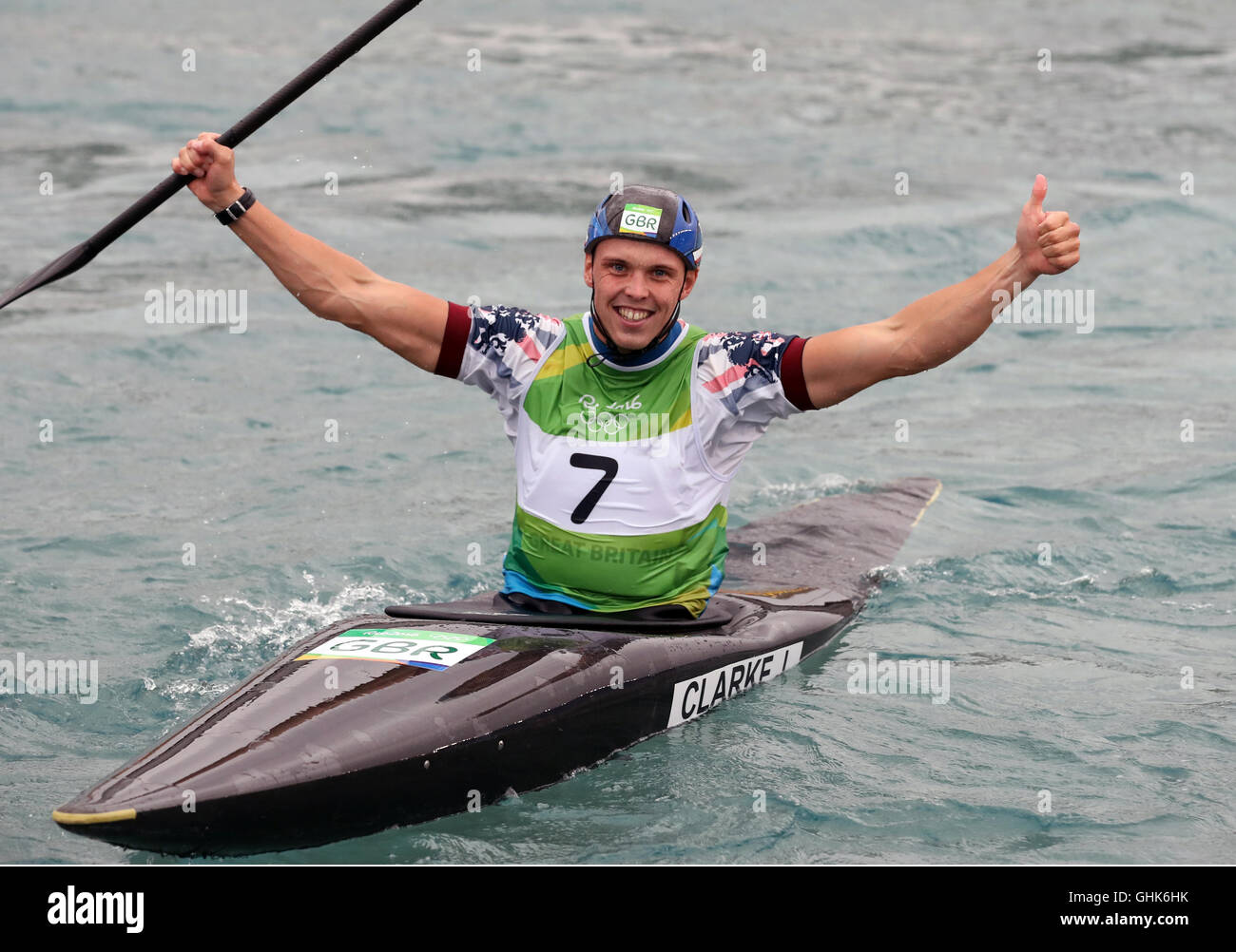 Great Britain's Joe Clarke reacts following his run during the Kayak ...