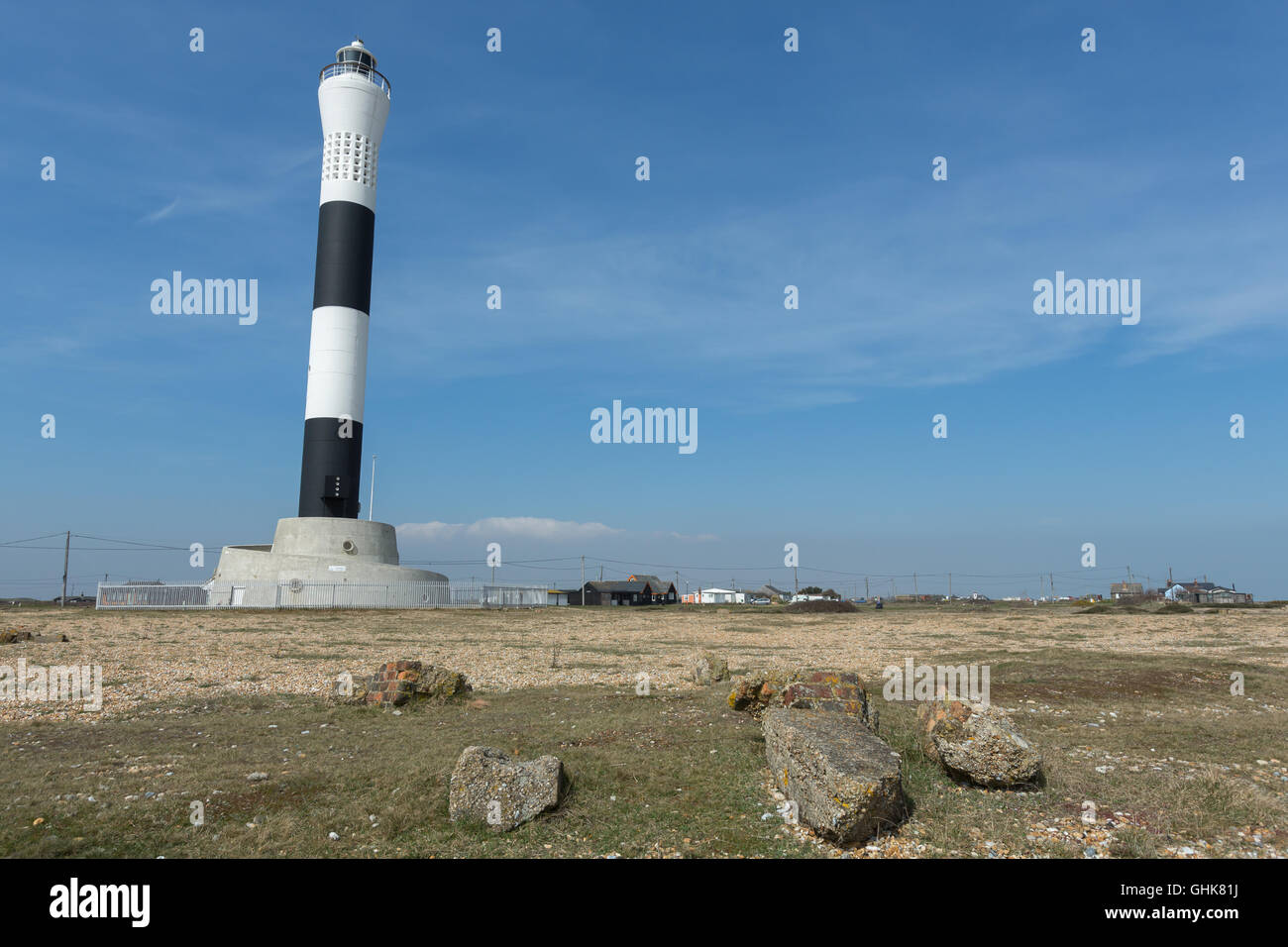 New black and white Dungeness Lighthouse at Dungeness, Romney Marsh ...
