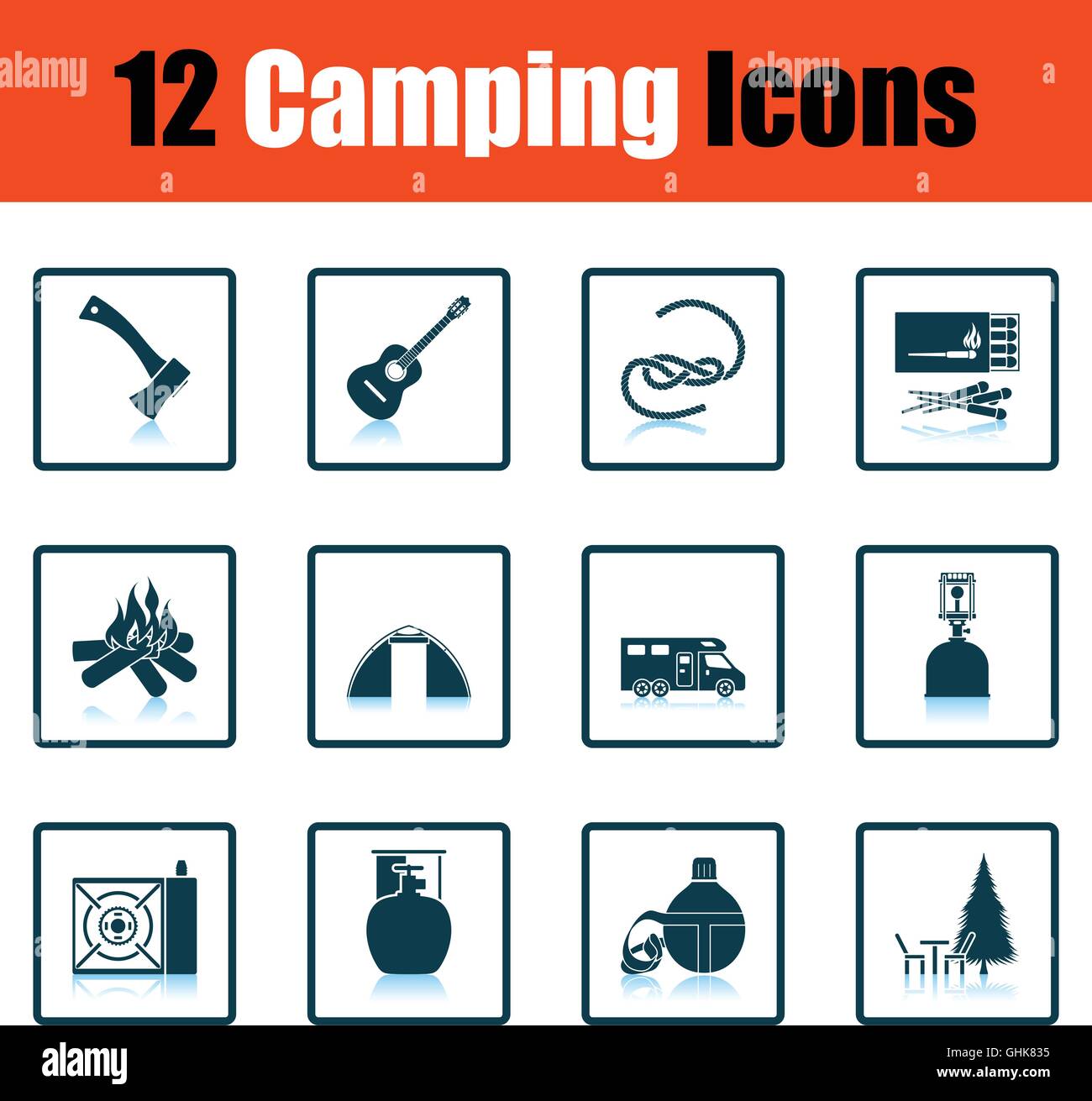 Camping icon set. Shadow reflection design. Vector illustration Stock ...