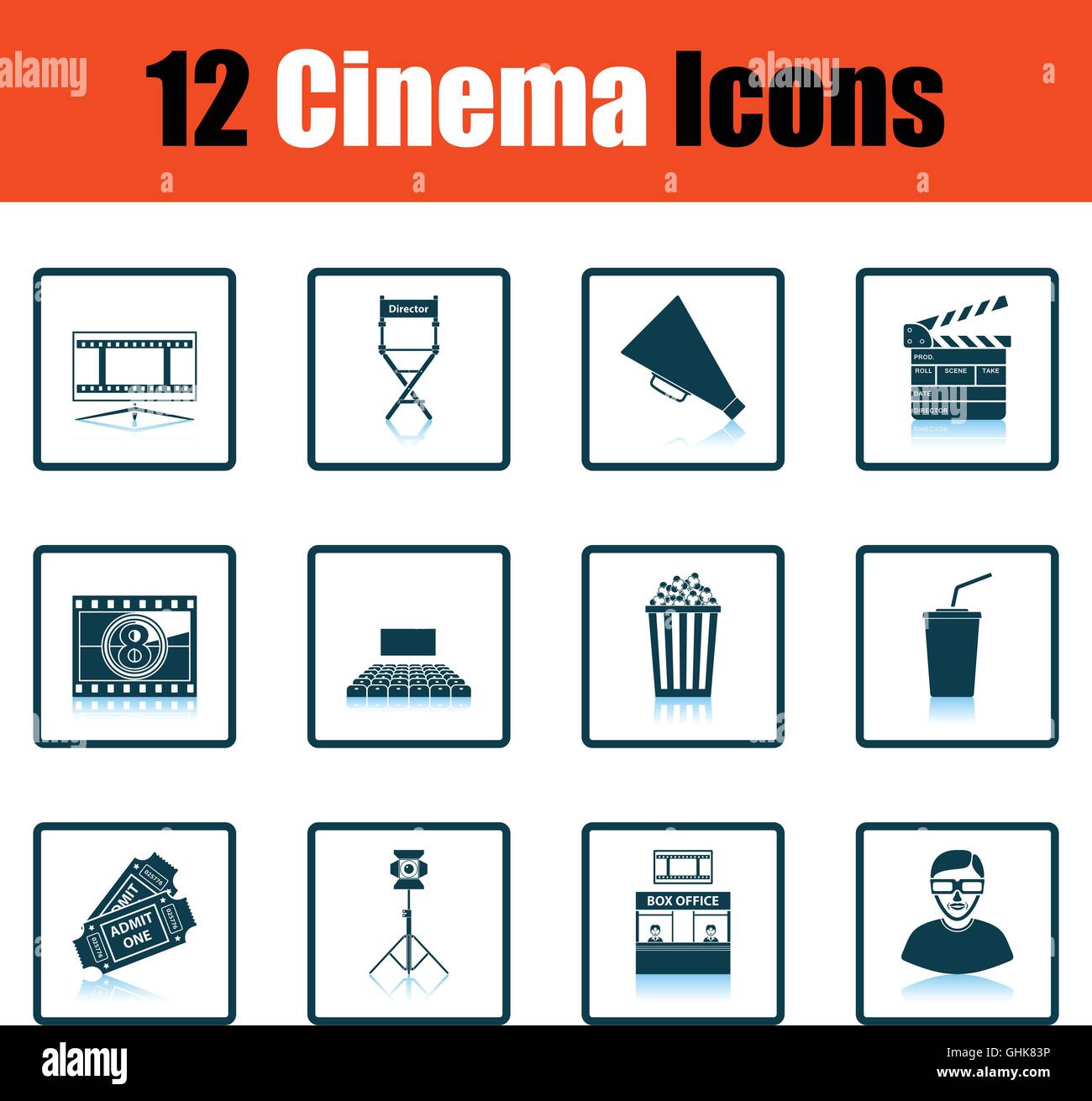 Set of cinema icons. Shadow reflection design. Vector illustration ...