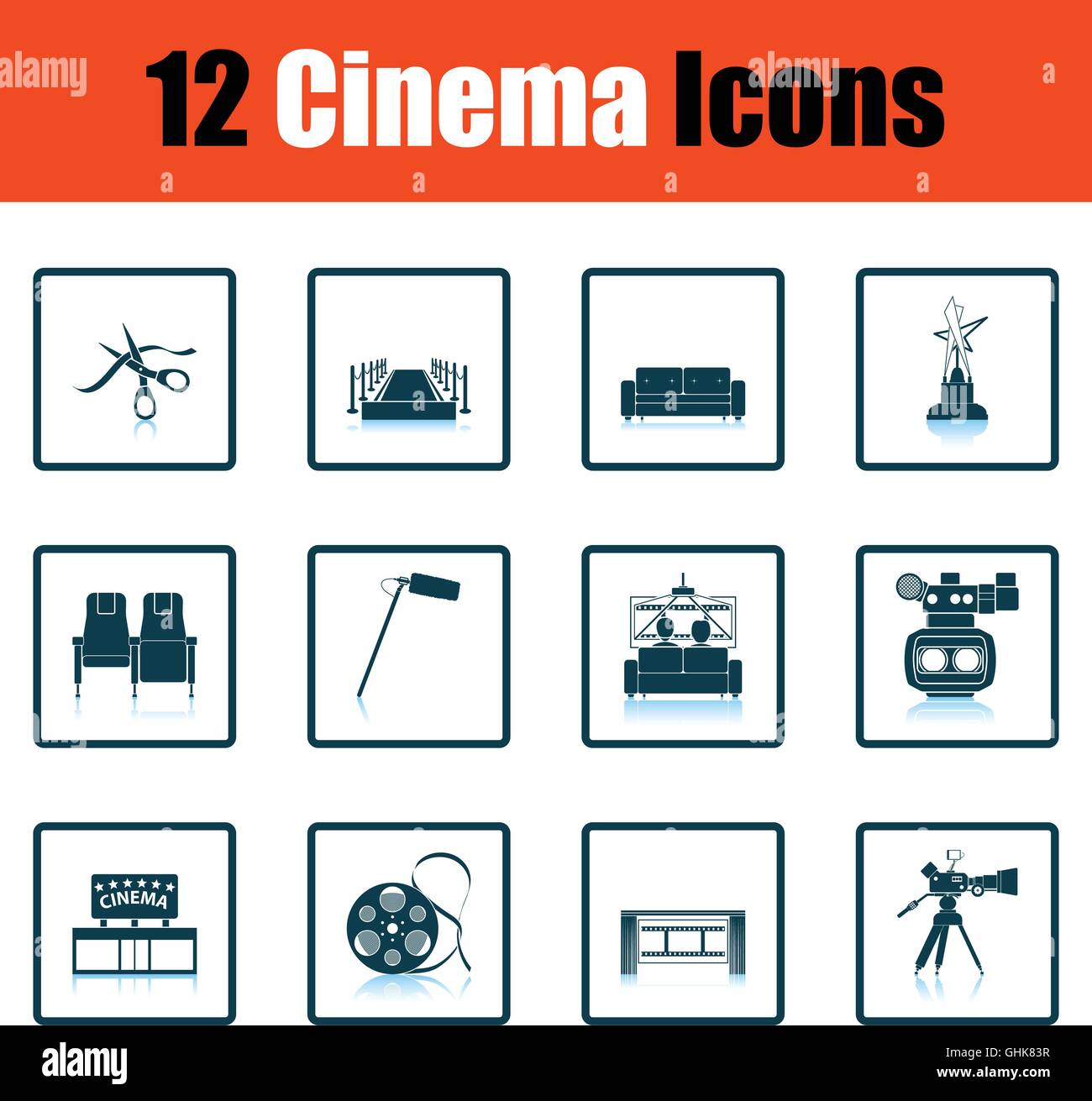 Set of cinema icons. Shadow reflection design. Vector illustration ...