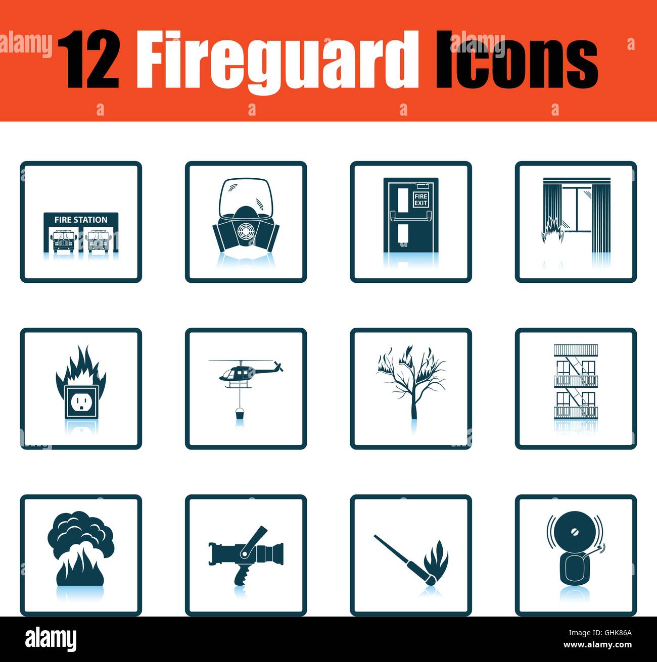 Set of fire service icons. Shadow reflection design. Vector ...